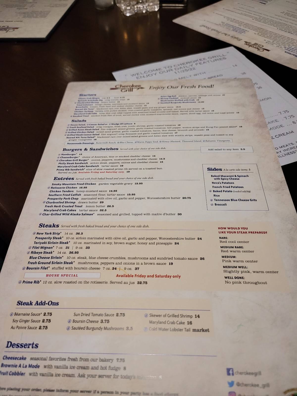 Menu at Cherokee Grill and Steakhouse, Gatlinburg