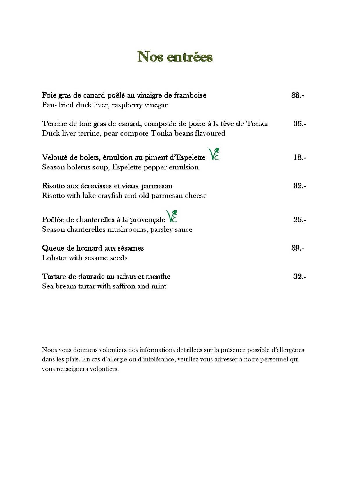 Menu au Restaurant la Perle du Lac, Genève, Rue de Lausanne 126