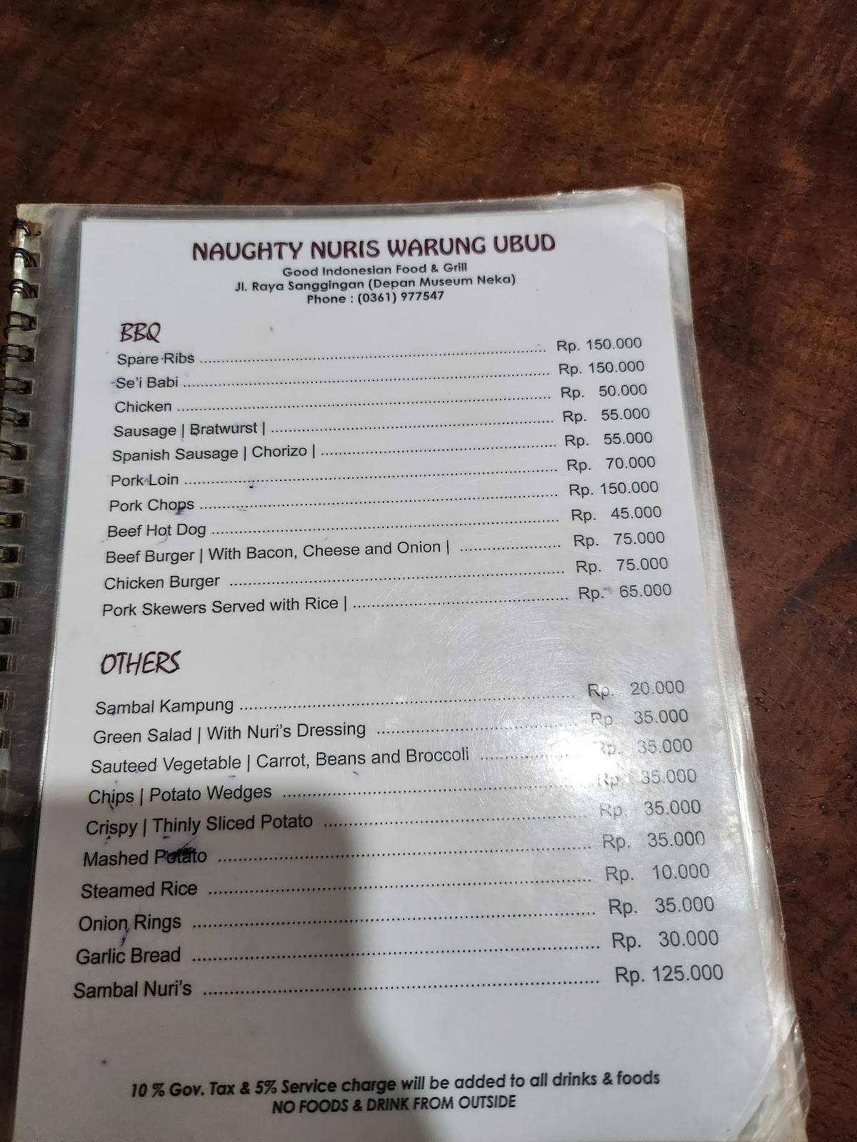 Menu at Naughty Nuri's Ubud restaurant, Ubud