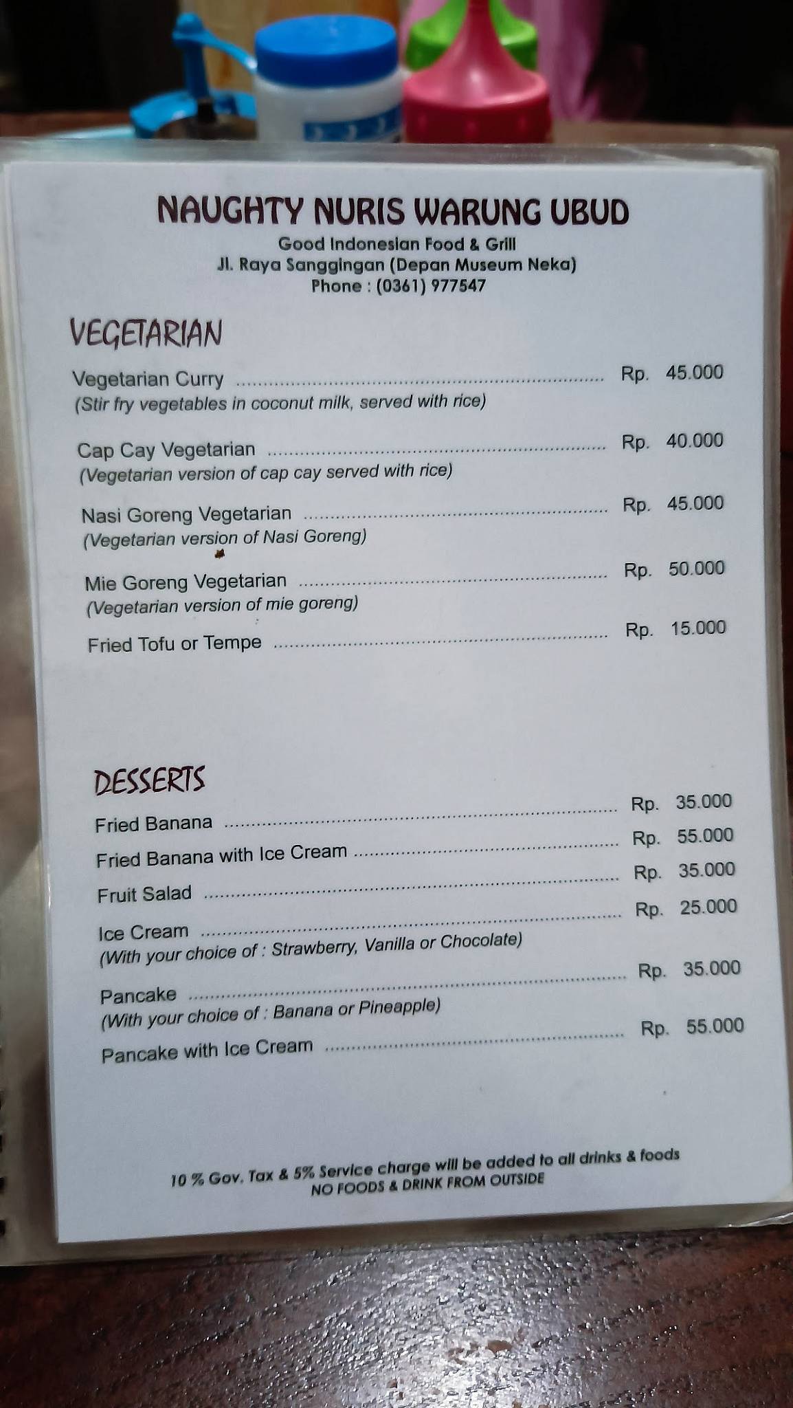 Menu at Naughty Nuri's Ubud restaurant, Ubud