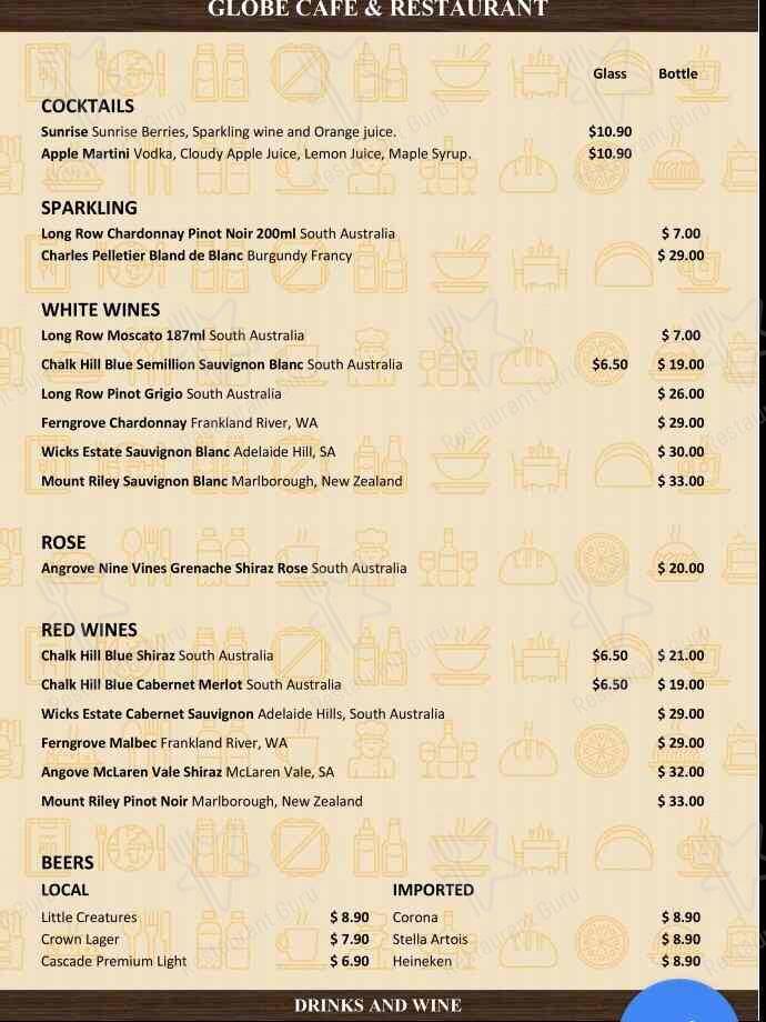 Menu at Globe Coffee House Patisserie & Restaurant, South Perth