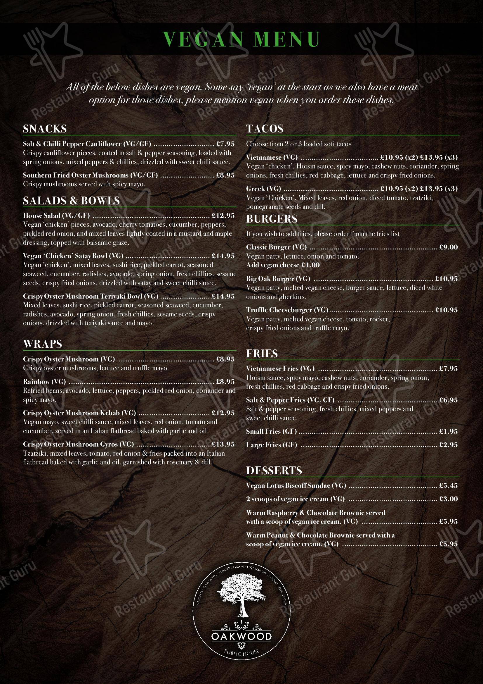 Menu at The Oakwood pub & bar, Glossop