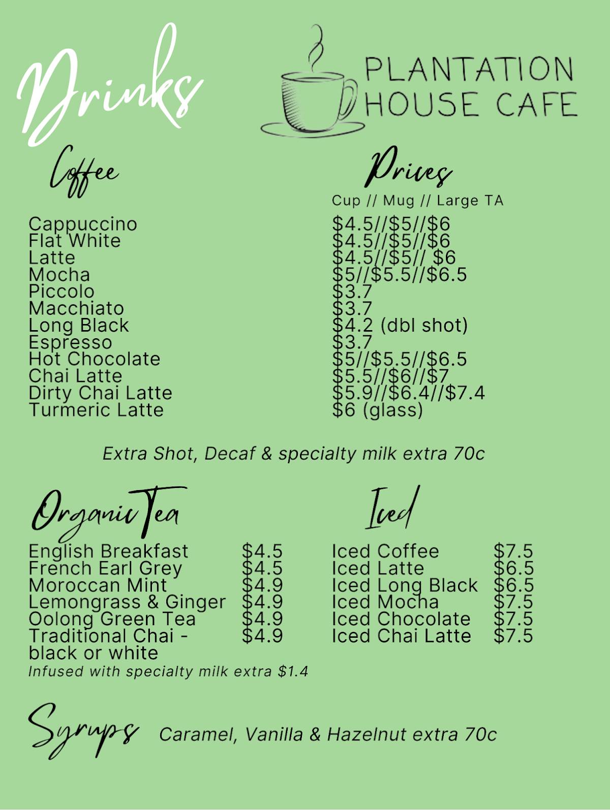Menu at Plantation House Cafe, Burleigh Heads