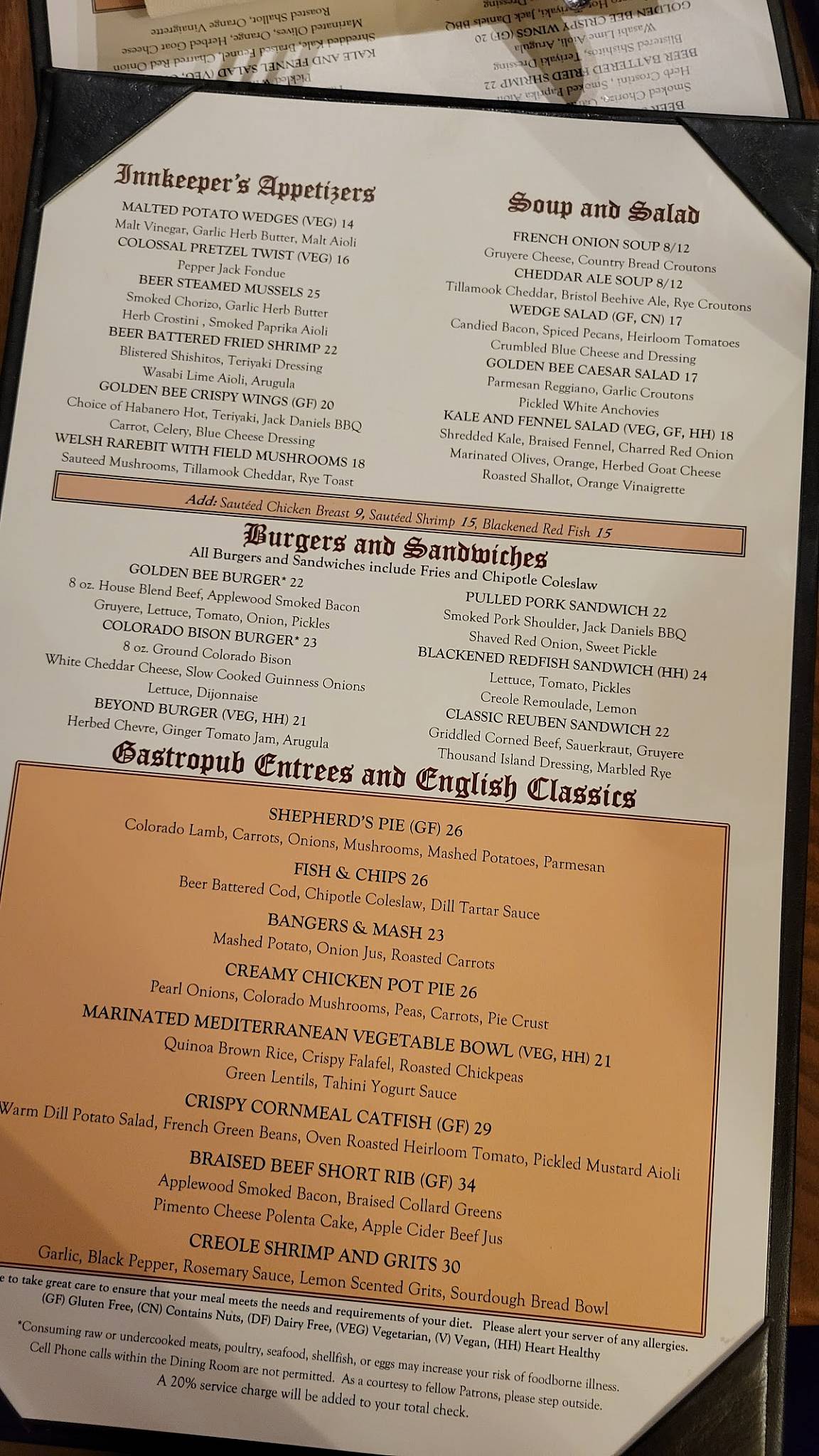 Menu at Golden Bee pub & bar, Colorado Springs, 1 Lake Ave