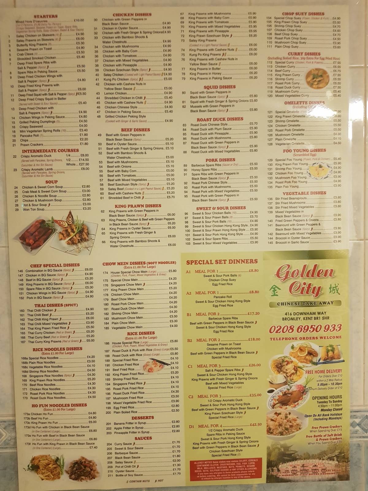 Menu at Golden City restaurant, Bromley, 416 Downham Way