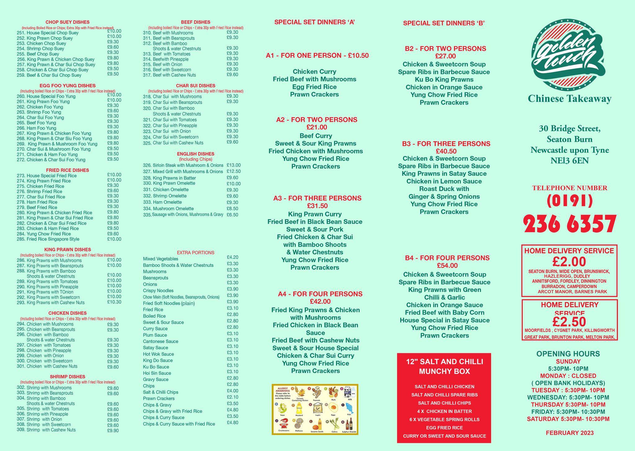 Menu at Golden Touch Chinese Takeaway fast food, Newcastle upon Tyne