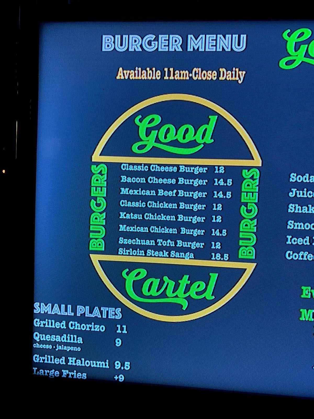 Menu at Good Cartel cafe, Broome