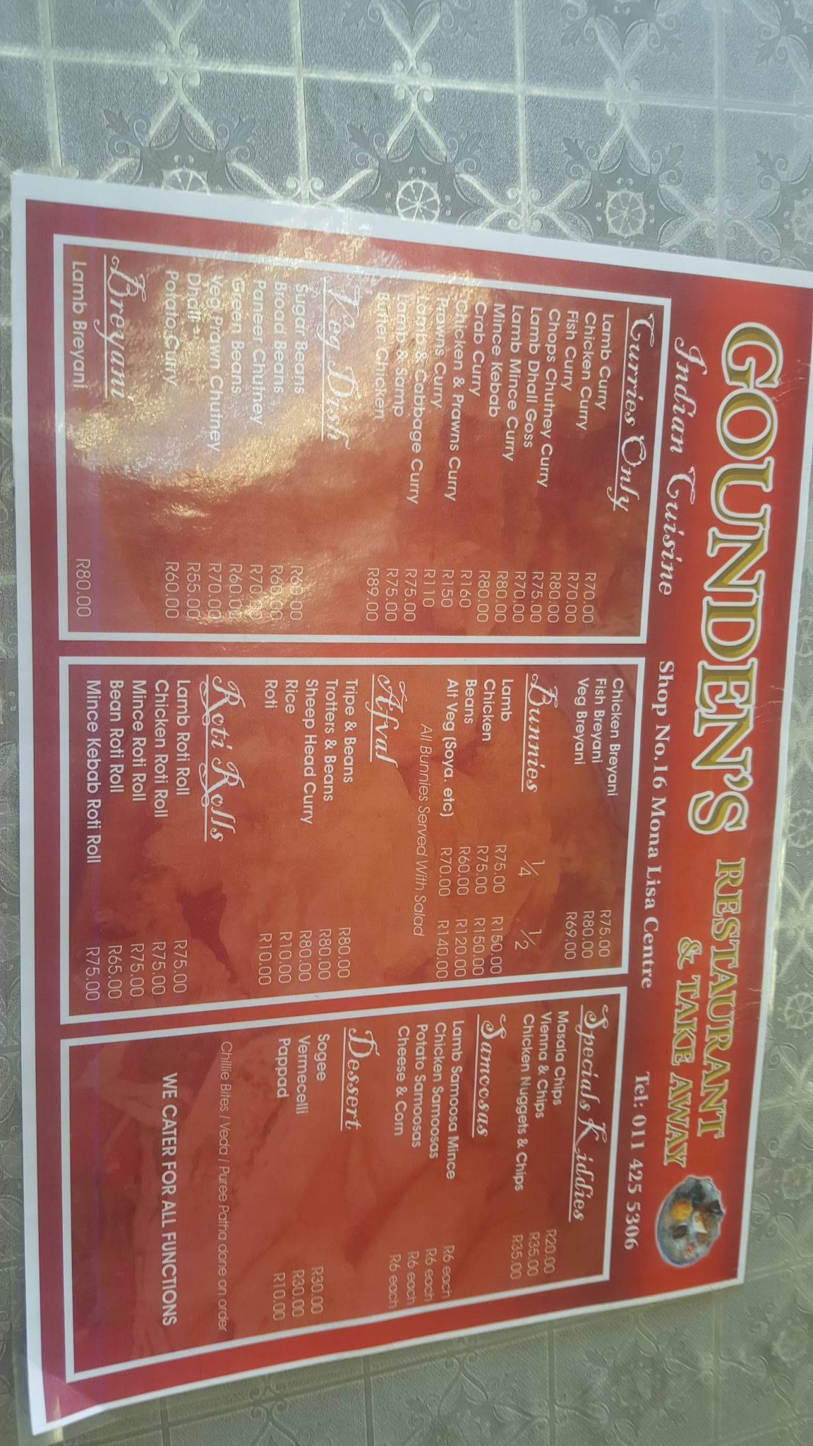 Menu at Gounden's Restaurant & Take Away, Benoni, 16