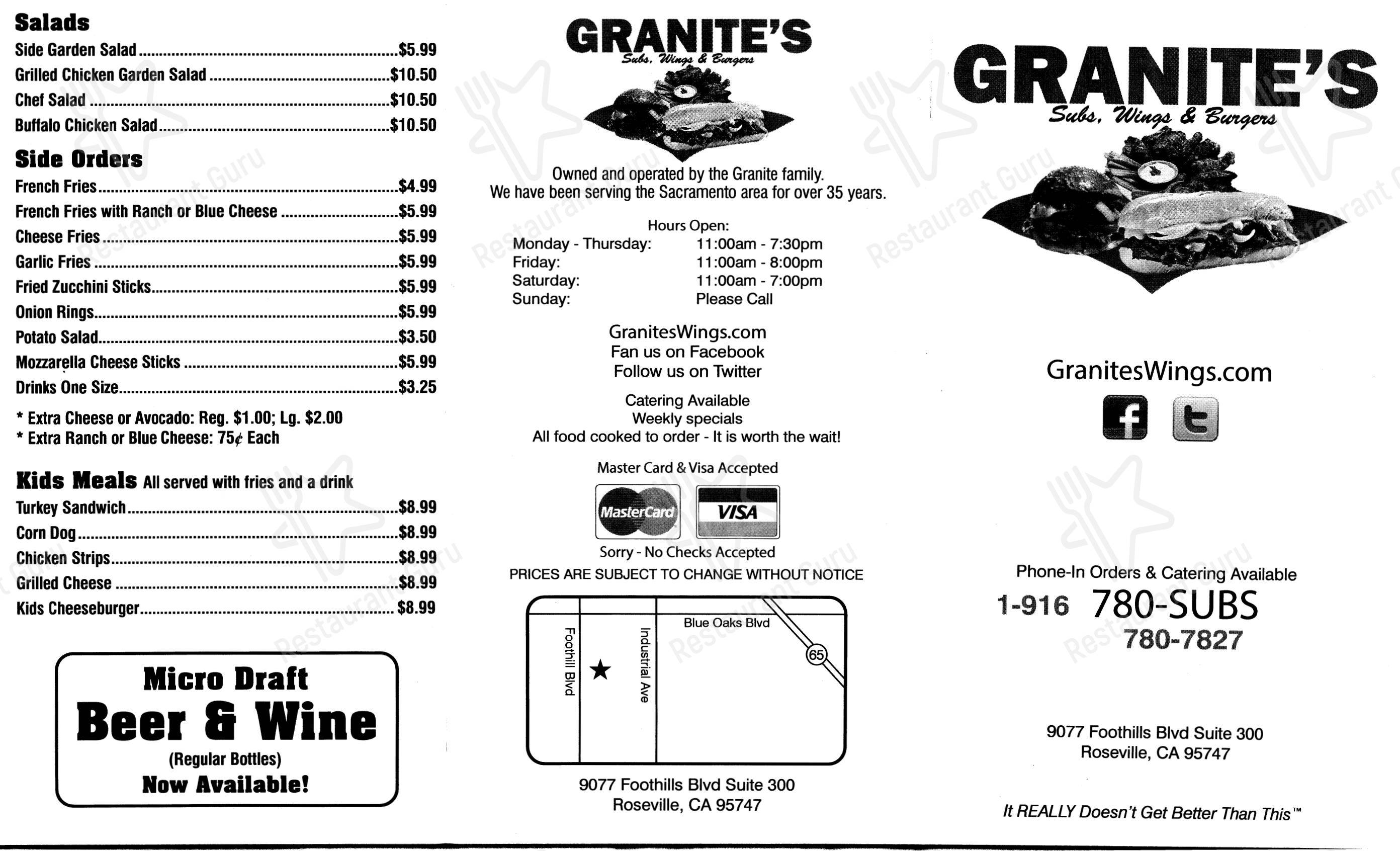 Menu at Granite's Famous Cheesesteaks & Wings restaurant, Roseville ...
