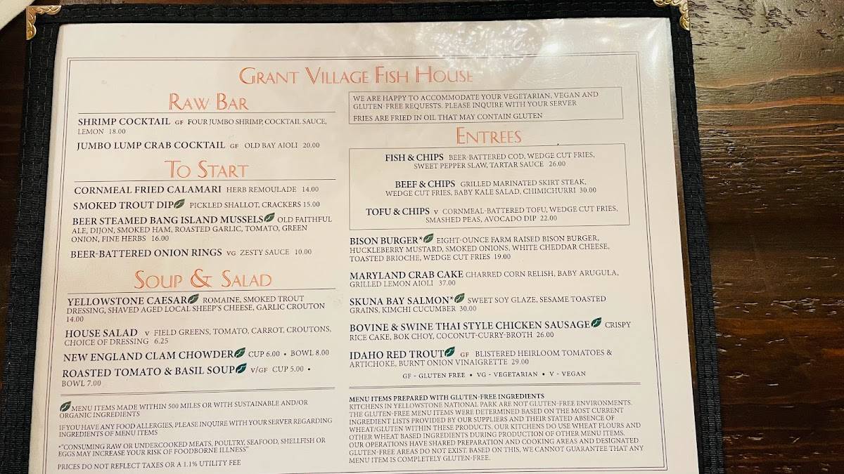 Menu at Grant Village Dining Room restaurant, USA, 550 Sculpin Ln