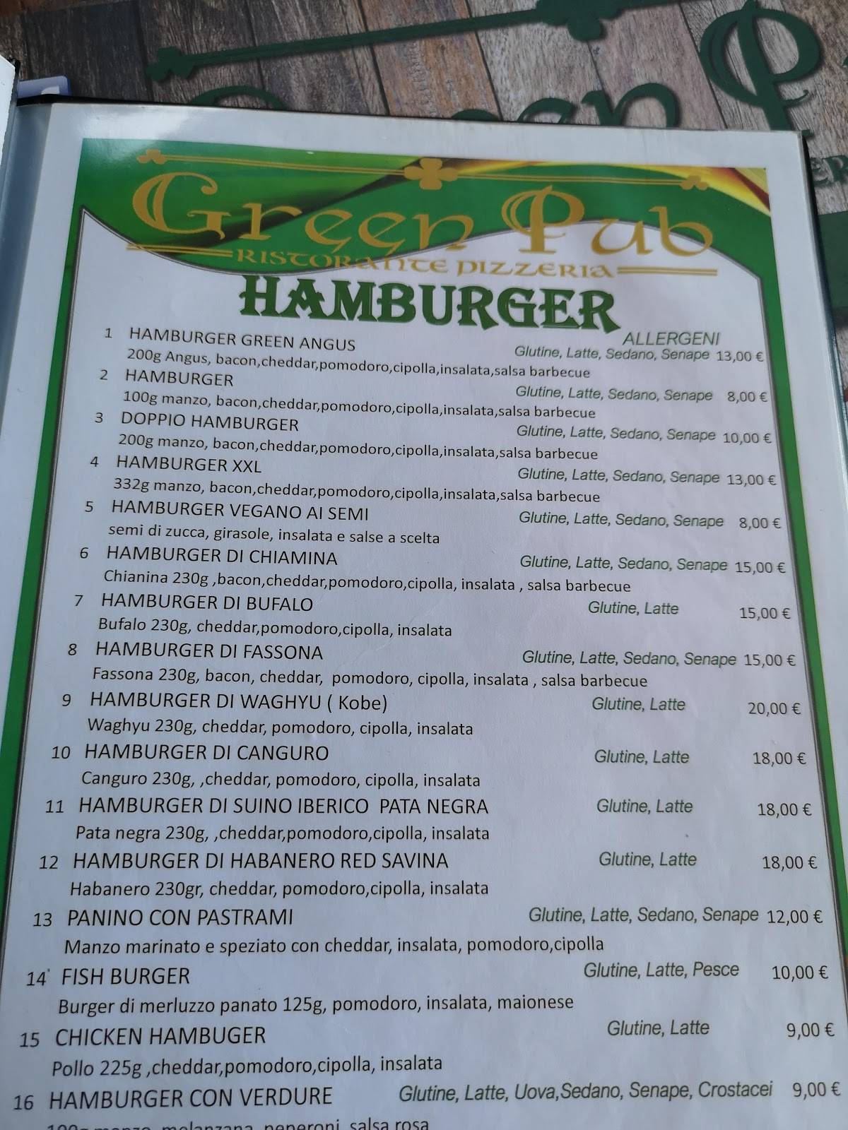 Menu da Green Pub, Rho