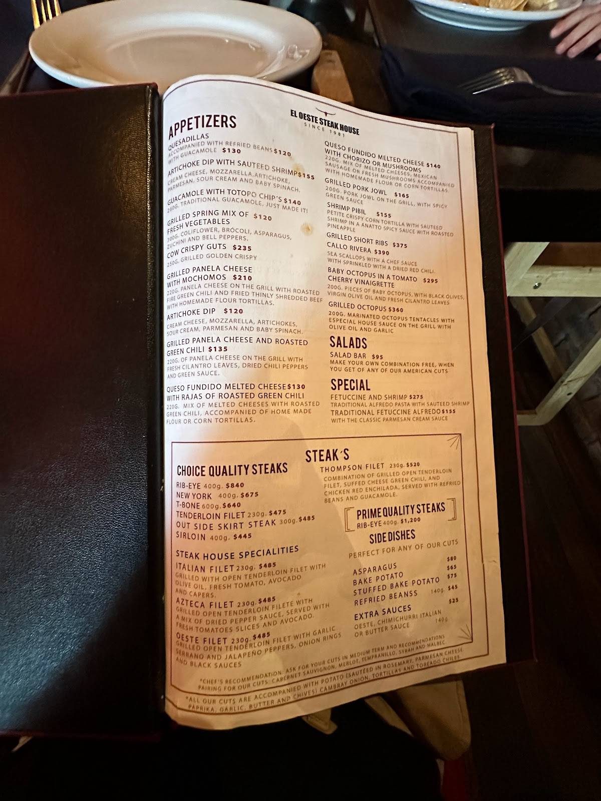 Carta de parrilla El Oeste, Heroica Guaymas, Blvd García López Armida Hotel