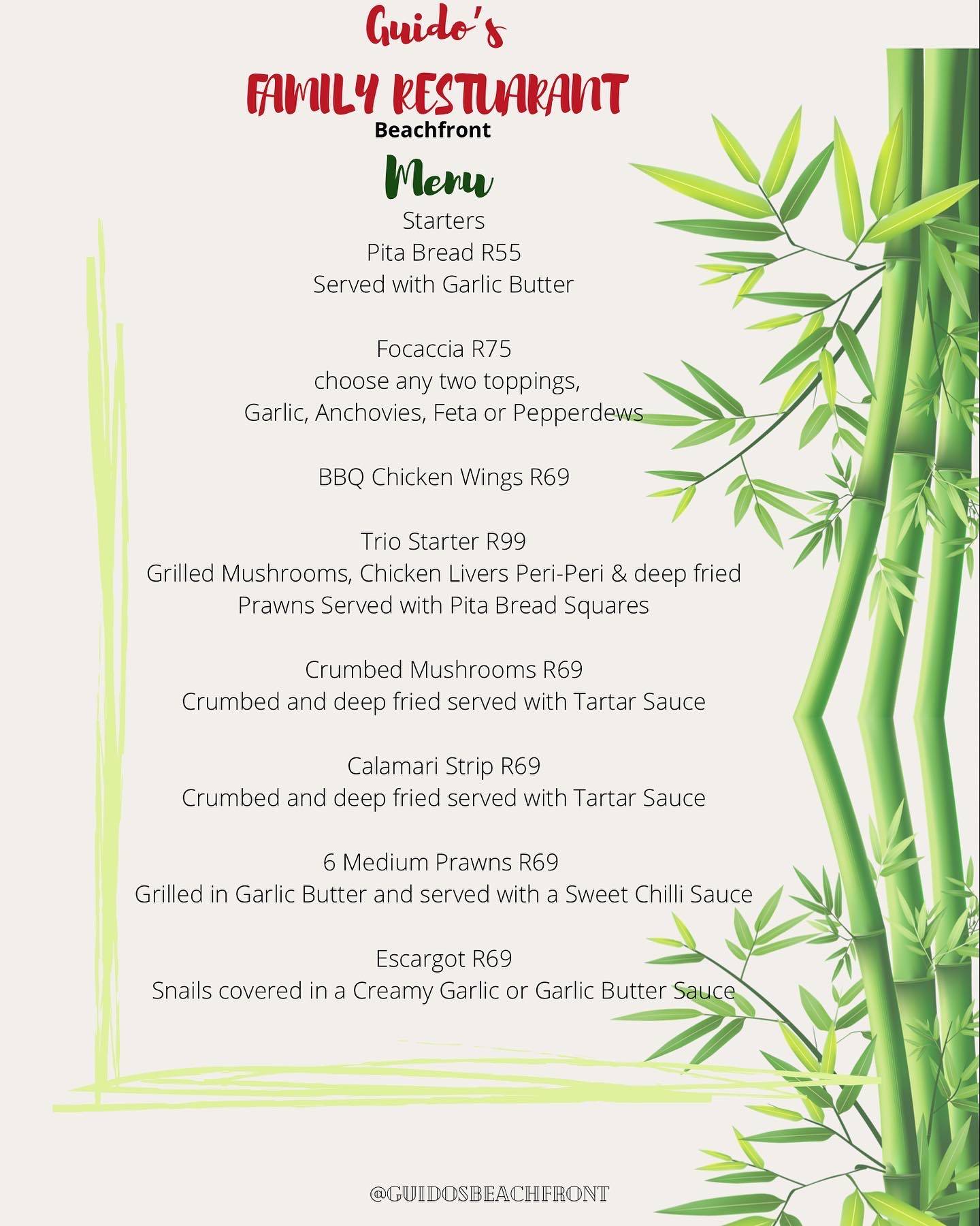 Menu at Guido's Beachfront restaurant, East London
