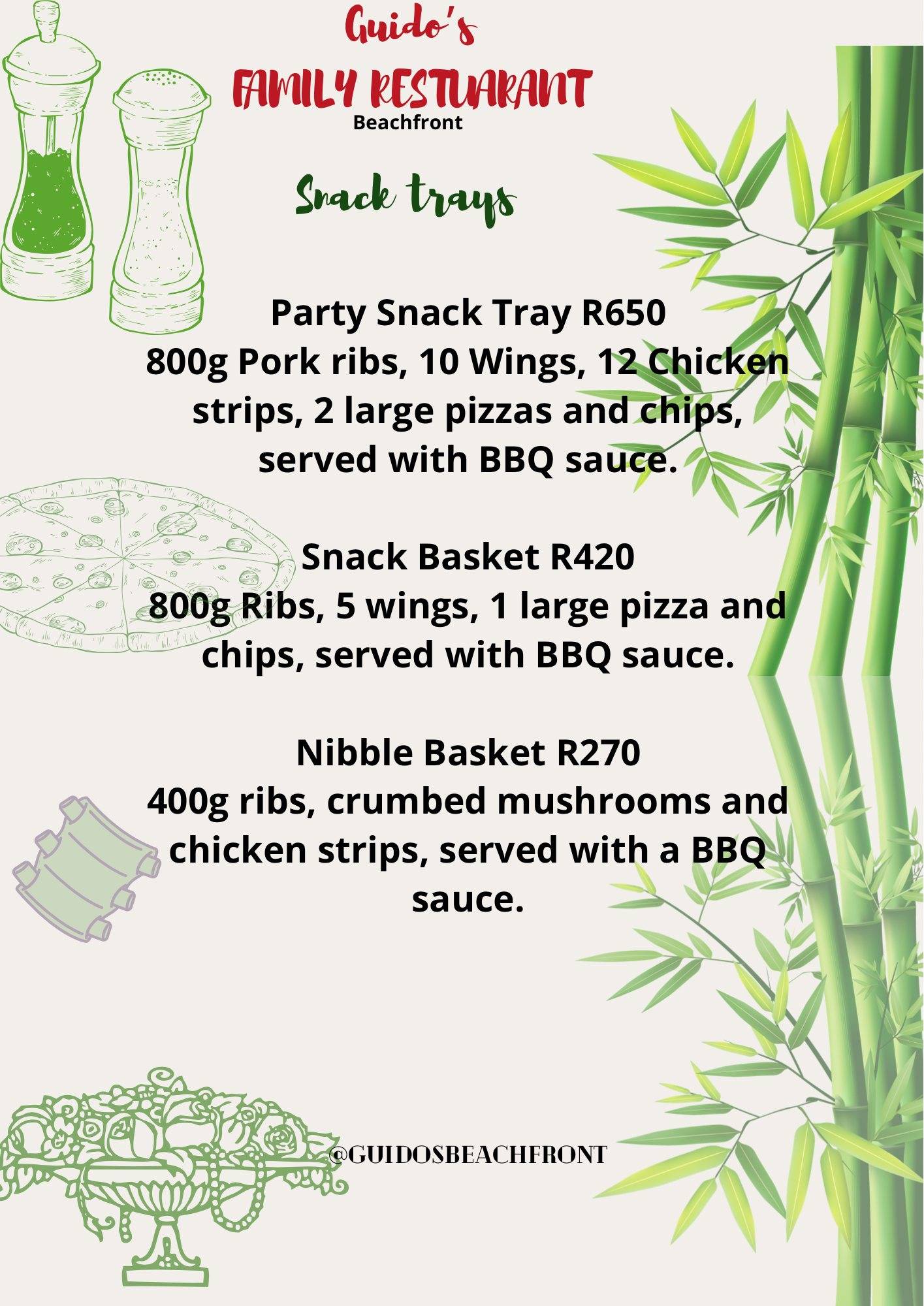 Menu at Guido's Beachfront restaurant, East London