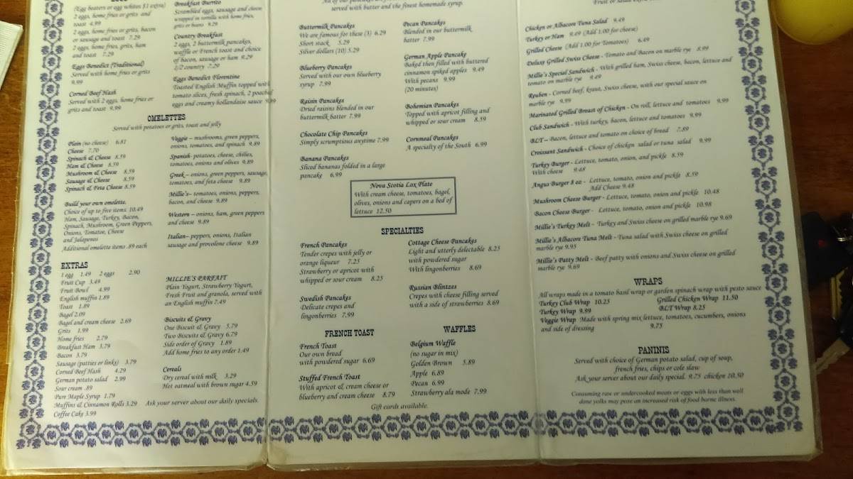 Menu at Millie's fast food, Sarasota
