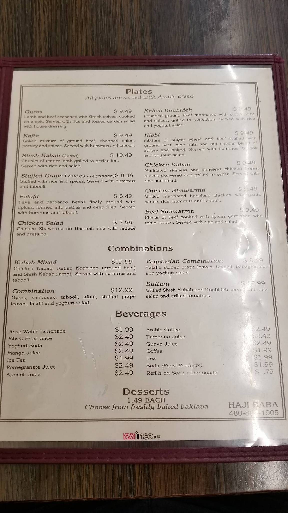 Menu at Haji-Baba restaurant, Tempe