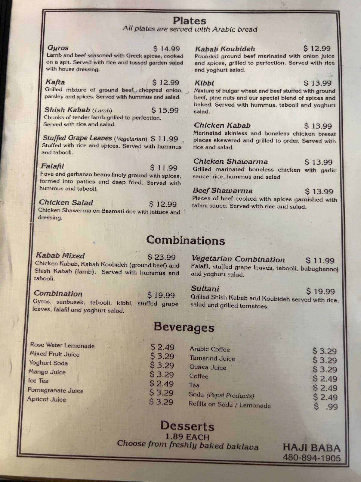 Menu at Haji-Baba restaurant, Tempe