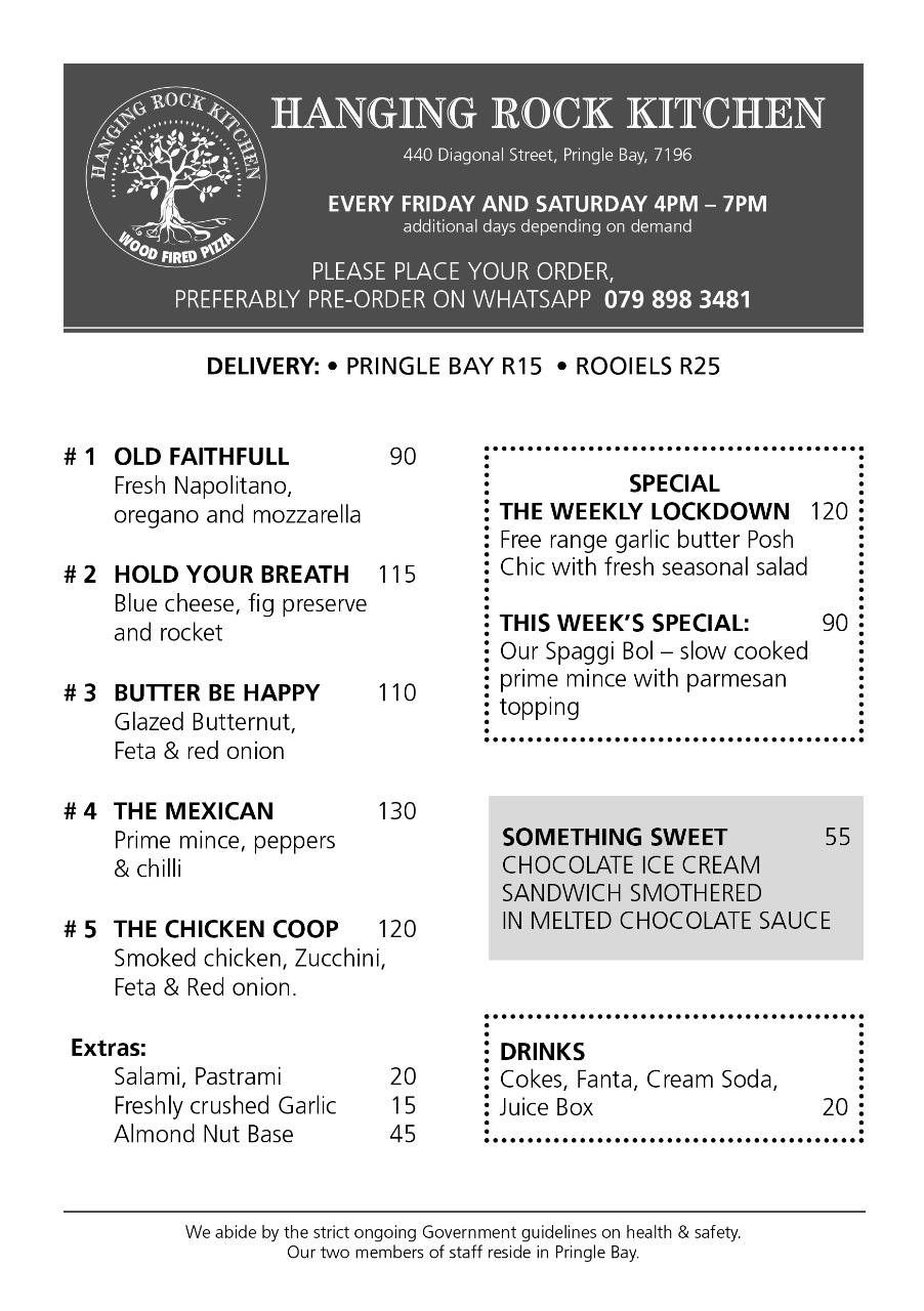 Menu at Hanging Rock Kitchen restaurant, Pringle Bay