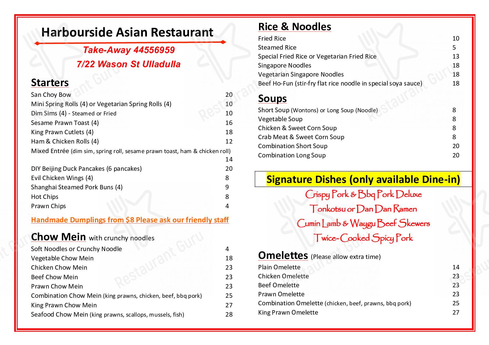 Menu at Harbourside Asian Restaurant, Ulladulla
