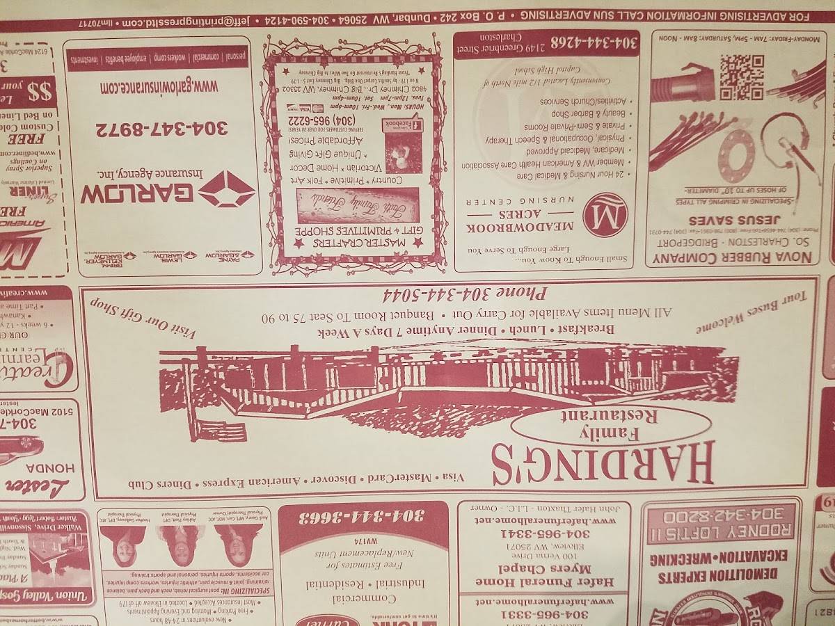 Menu at Harding's Family Restaurant, Charleston