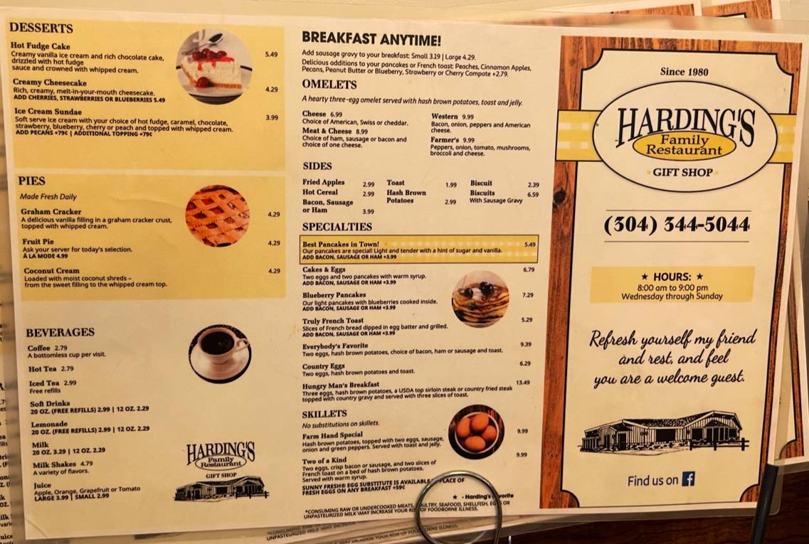 Menu at Harding's Family Restaurant, Charleston