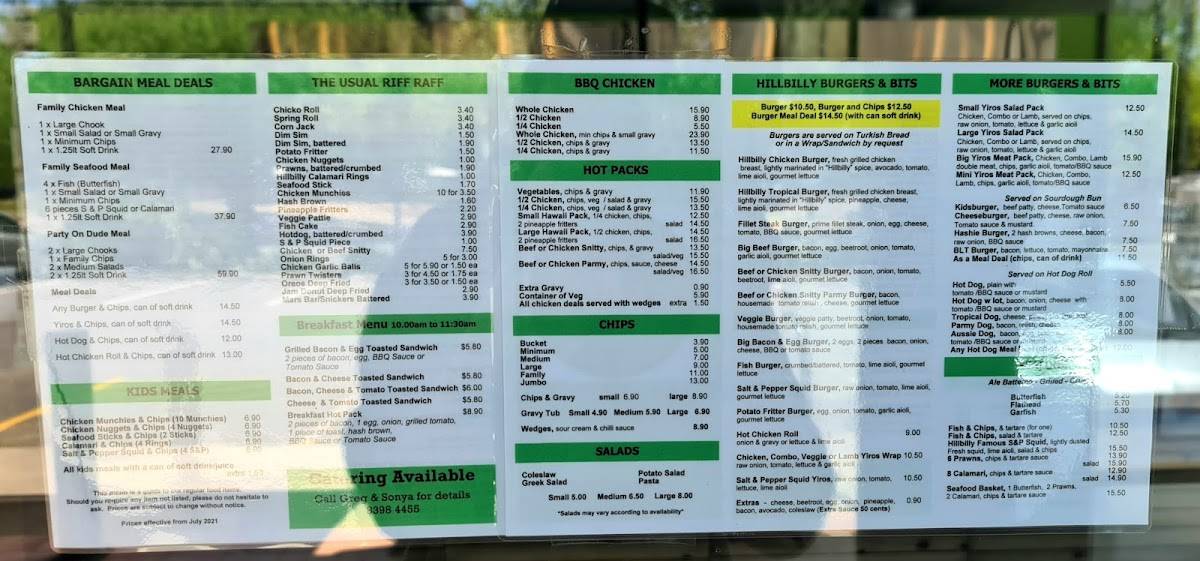 Menu at Hillbilly Chicken fast food, Mount Barker