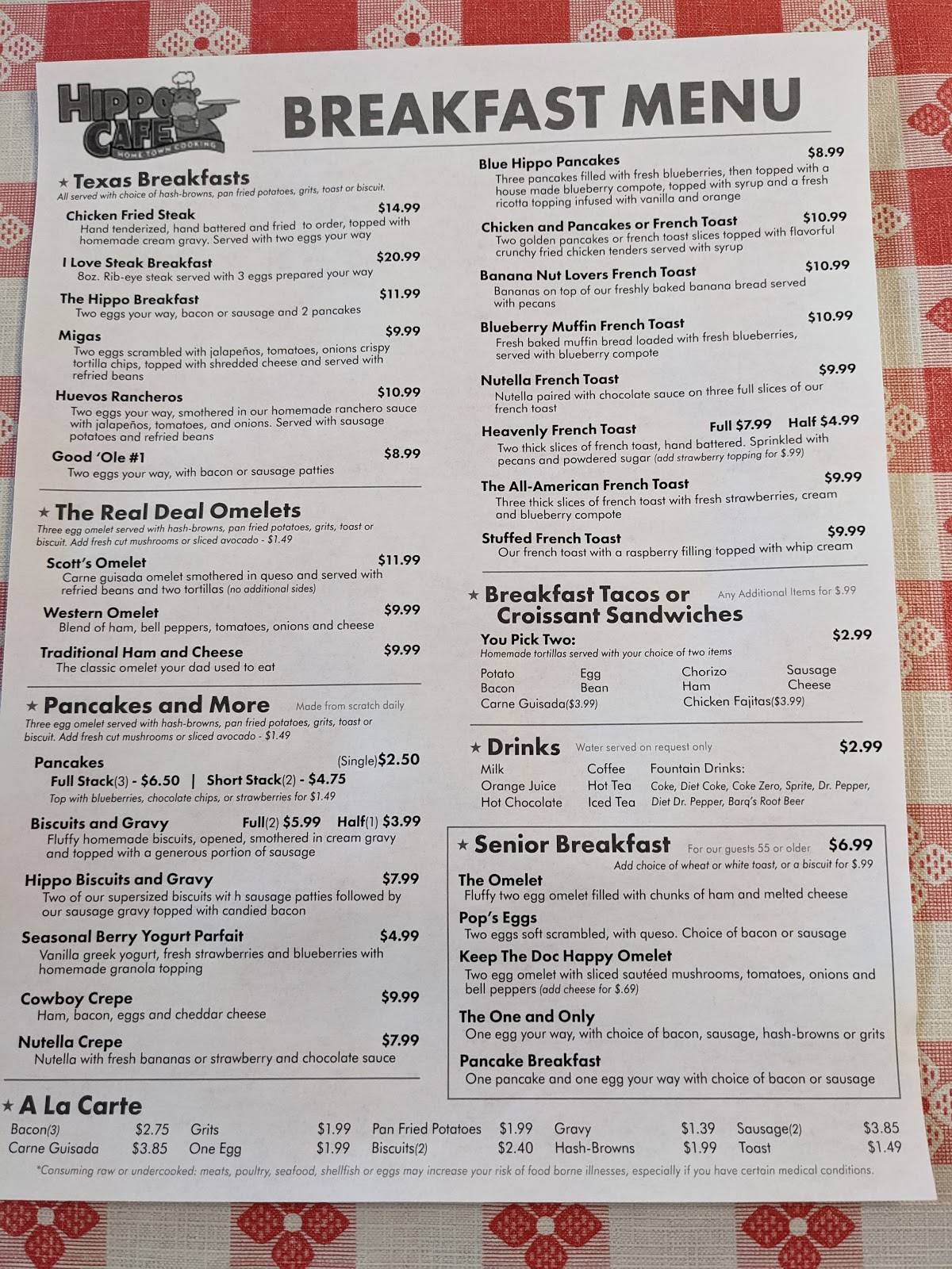 Menu at Hippo Café restaurant, Hutto