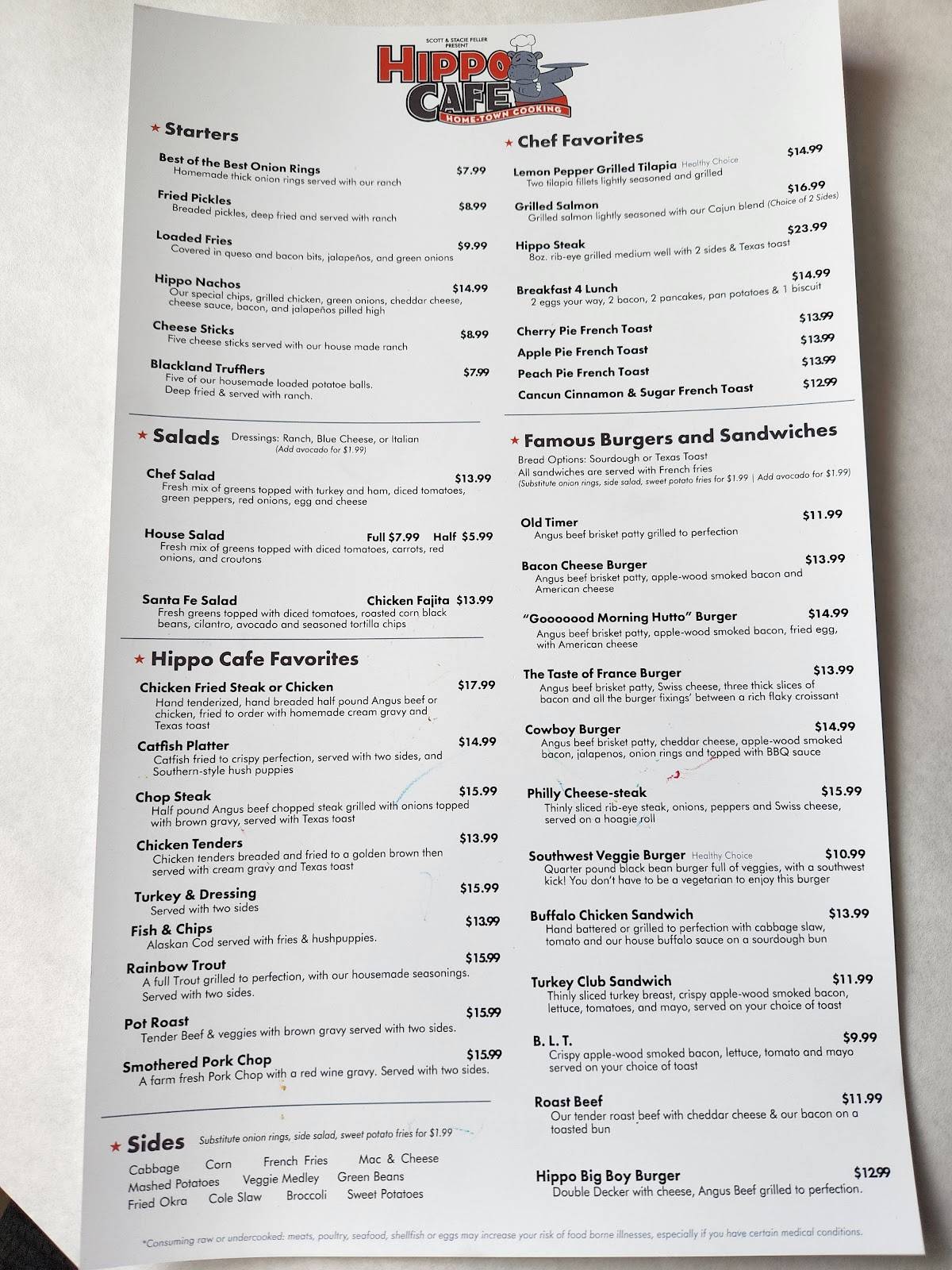 Menu at Hippo Café restaurant, Hutto