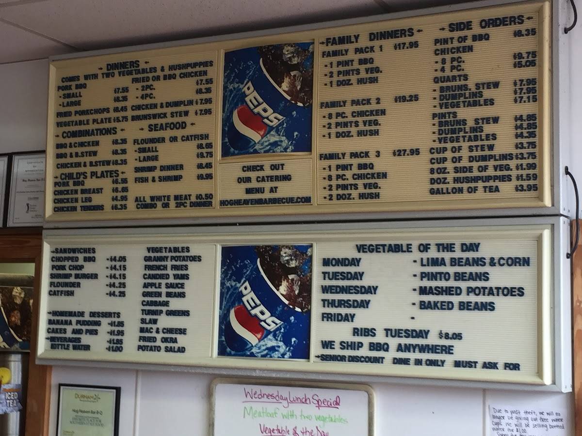 Menu at Hog Heaven Bar-B-Q, Durham