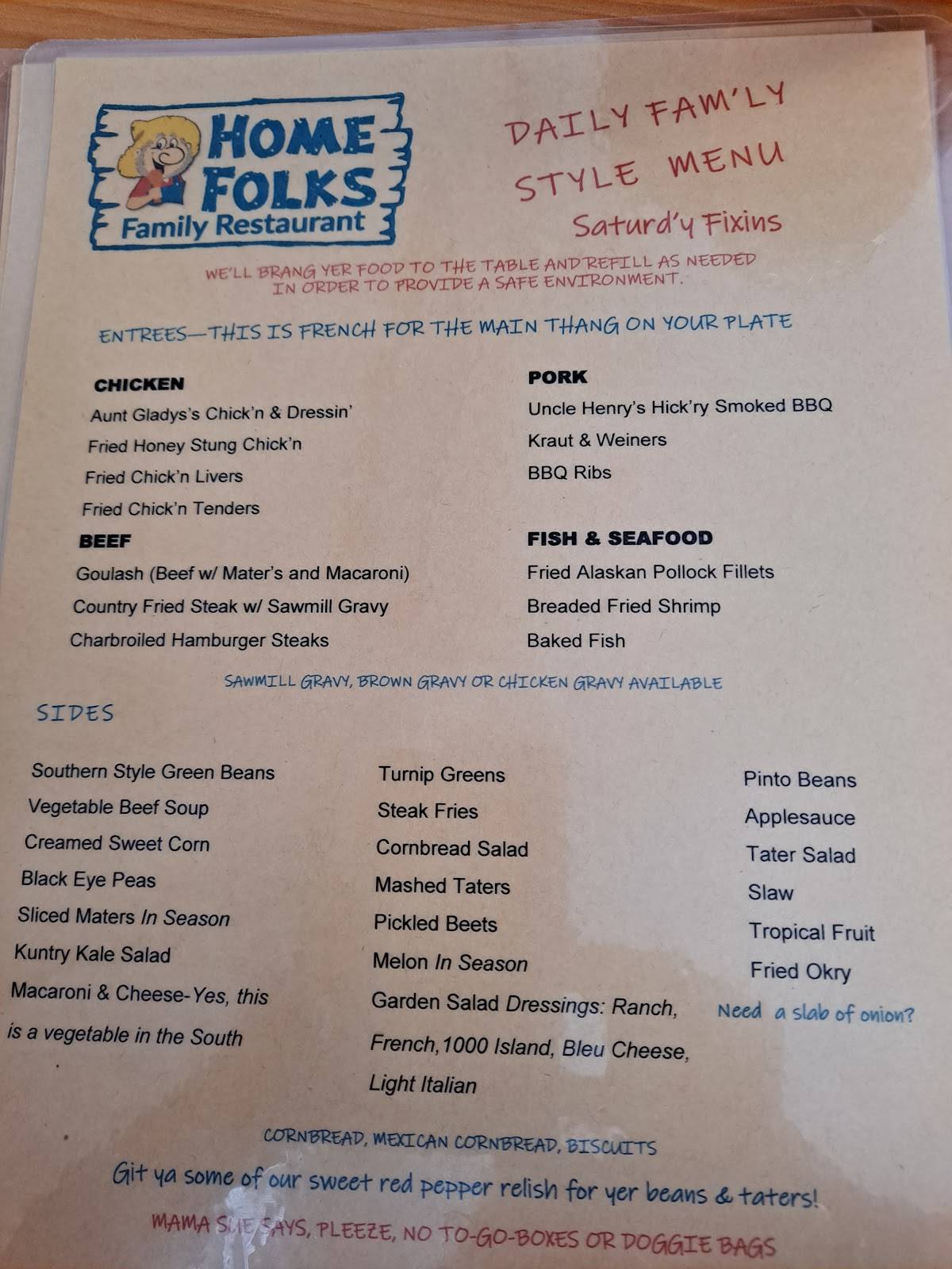 Menu at Home Folks Family Restaurant, Soddy-Daisy