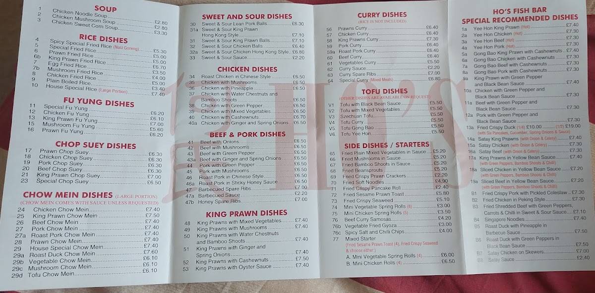 Menu at Ho's Fish Bar and Chinese Takeaway, Fleet
