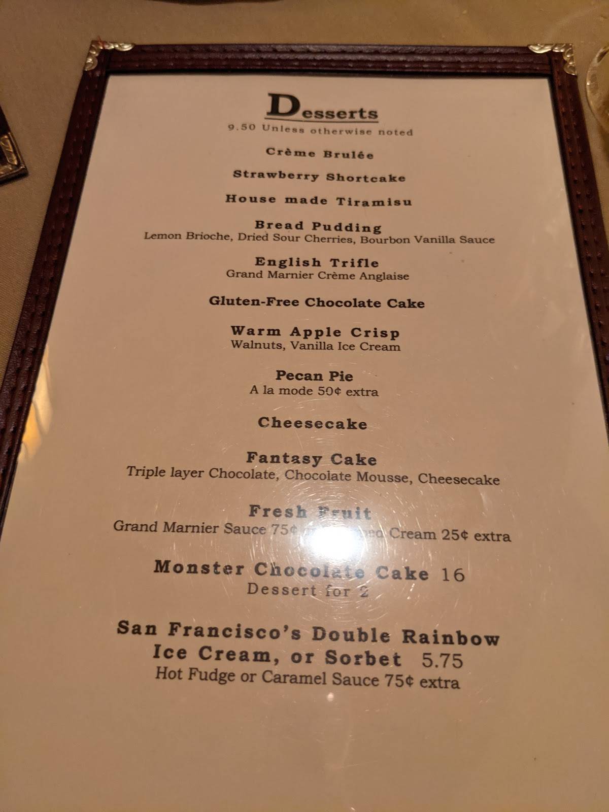 Menu at House of Prime Rib pub & bar, San Francisco