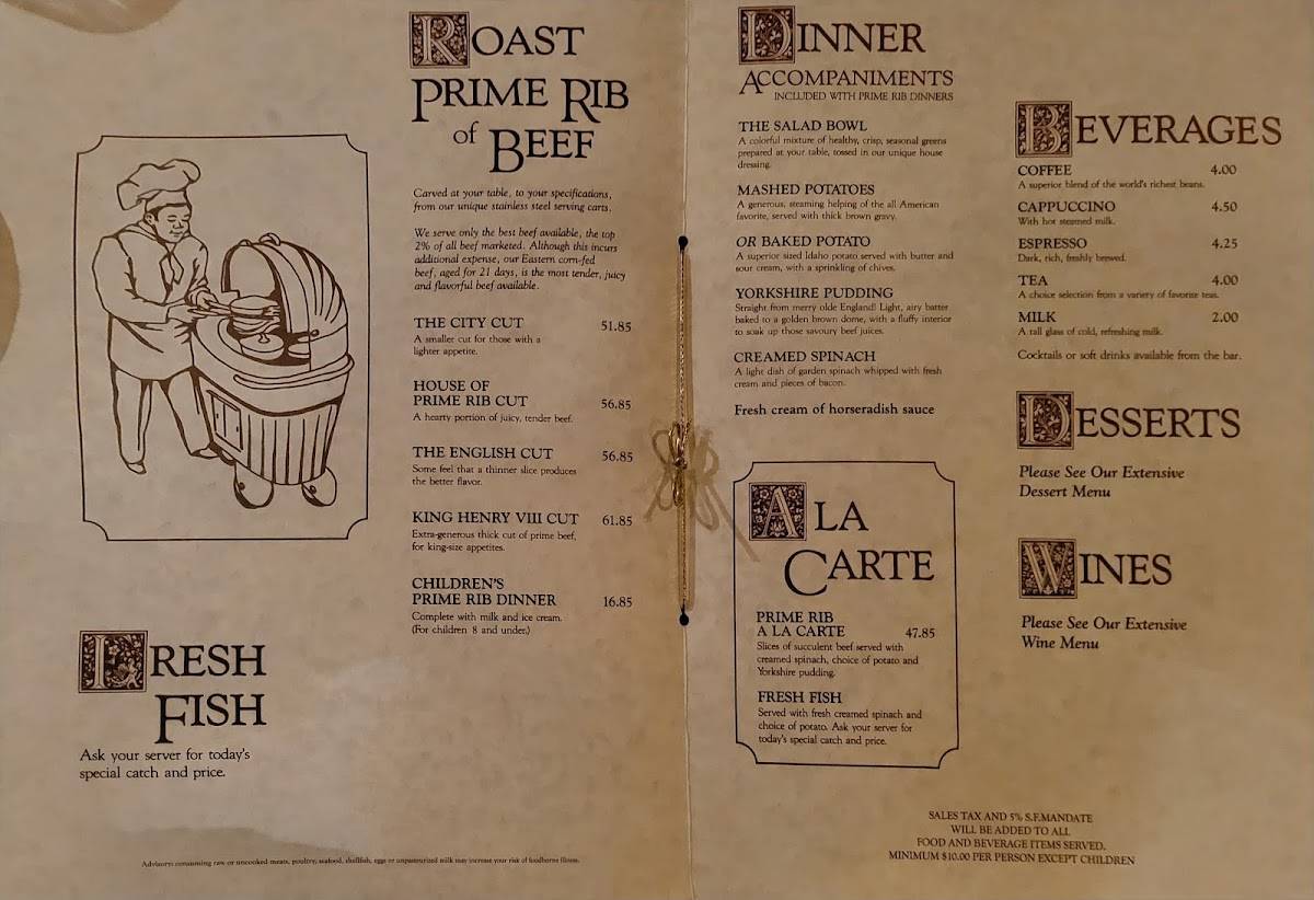 Menu at House of Prime Rib pub & bar, San Francisco