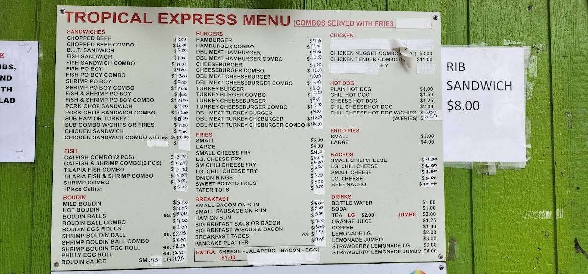 Menu at Tropical Express restaurant, Houston, Tower St