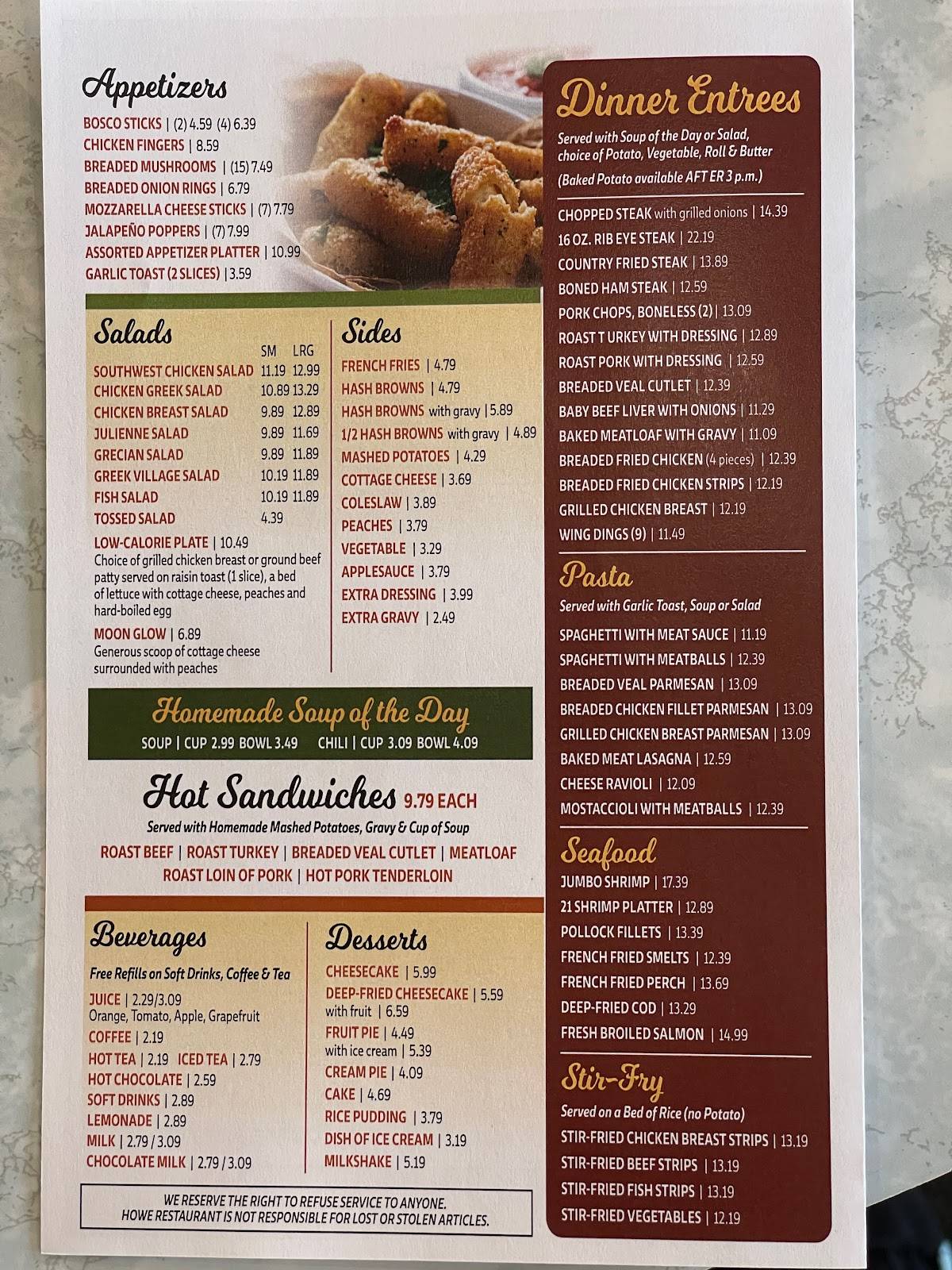 Menu at Howe restaurant, Howe, IN-9