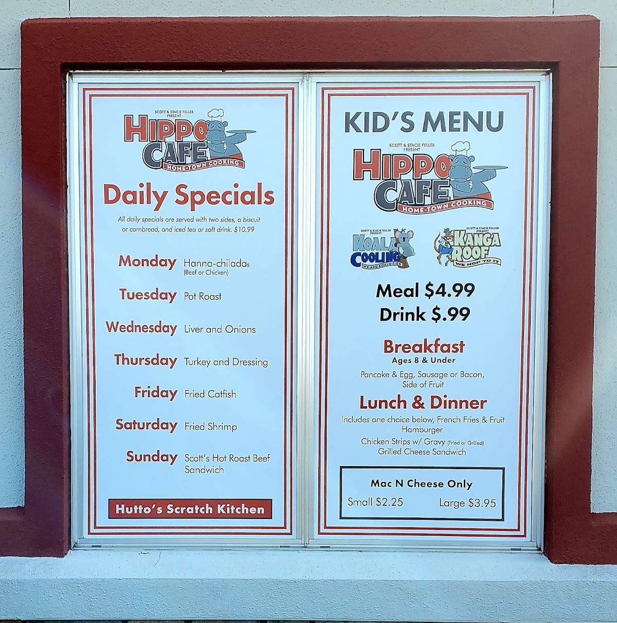 Menu at Hippo Café restaurant, Hutto