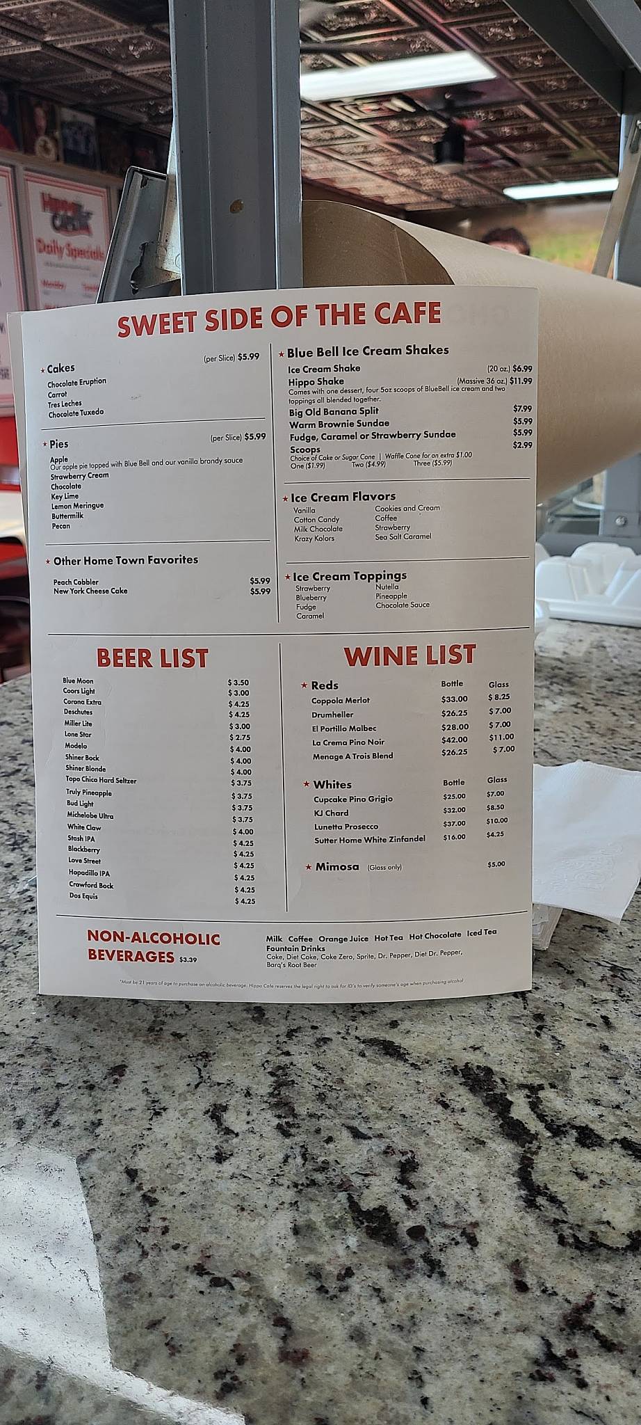 Menu at Hippo Café restaurant, Hutto