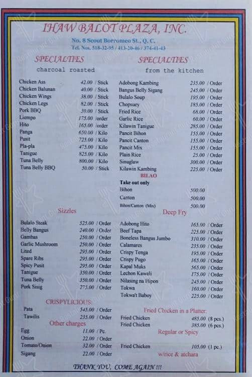 Menu at Ihaw Balot Plaza restaurant, Quezon City