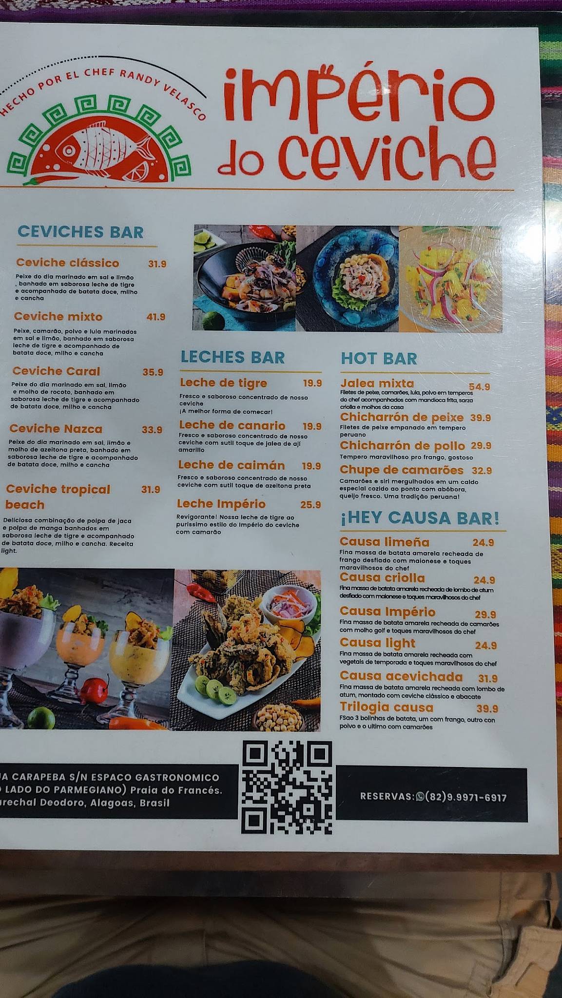 Menu at Império do Ceviche restaurant, Marechal Deodoro