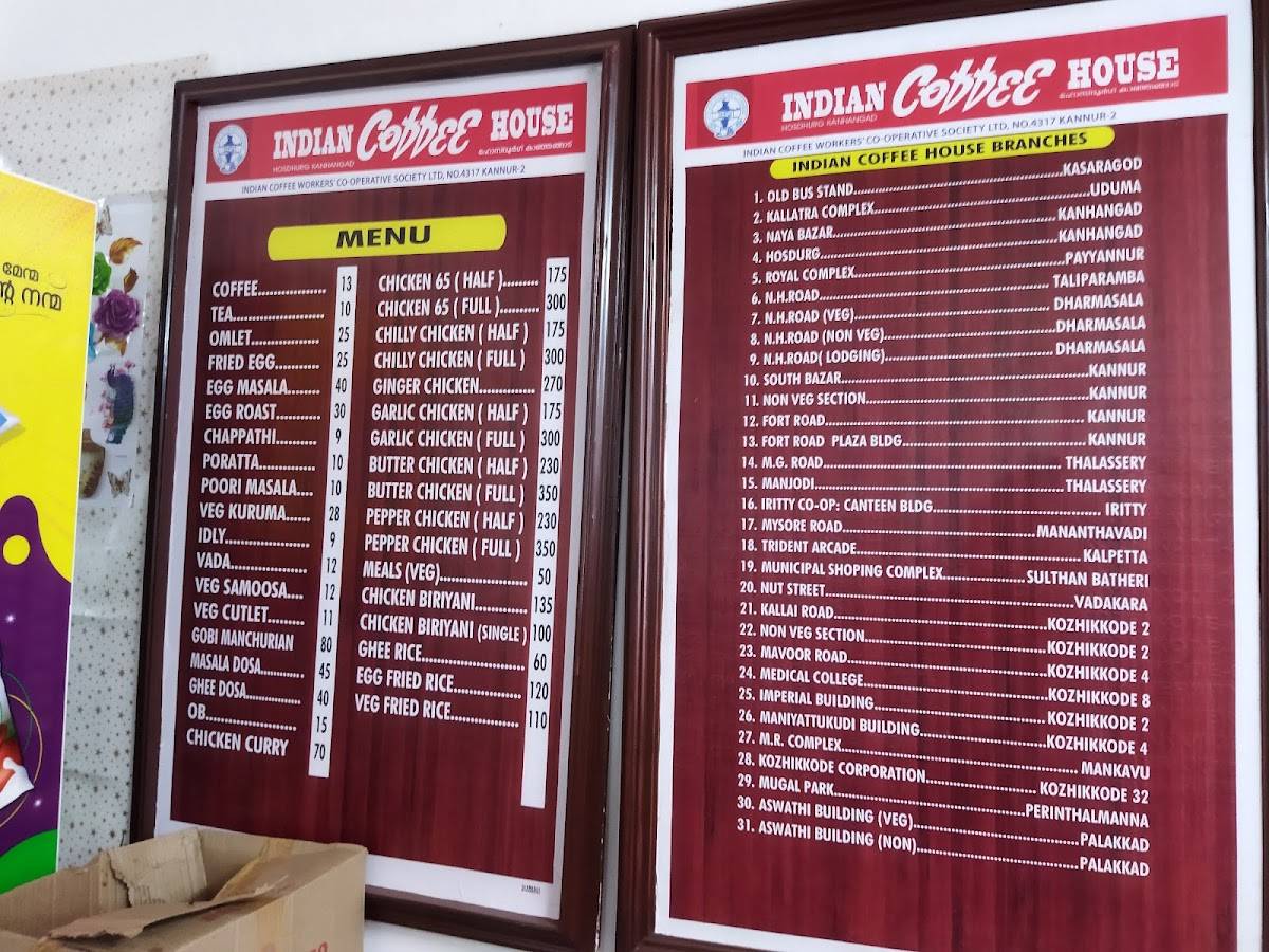 Menu at Indian Coffee House, Kanhangad, 83FM+2XQ