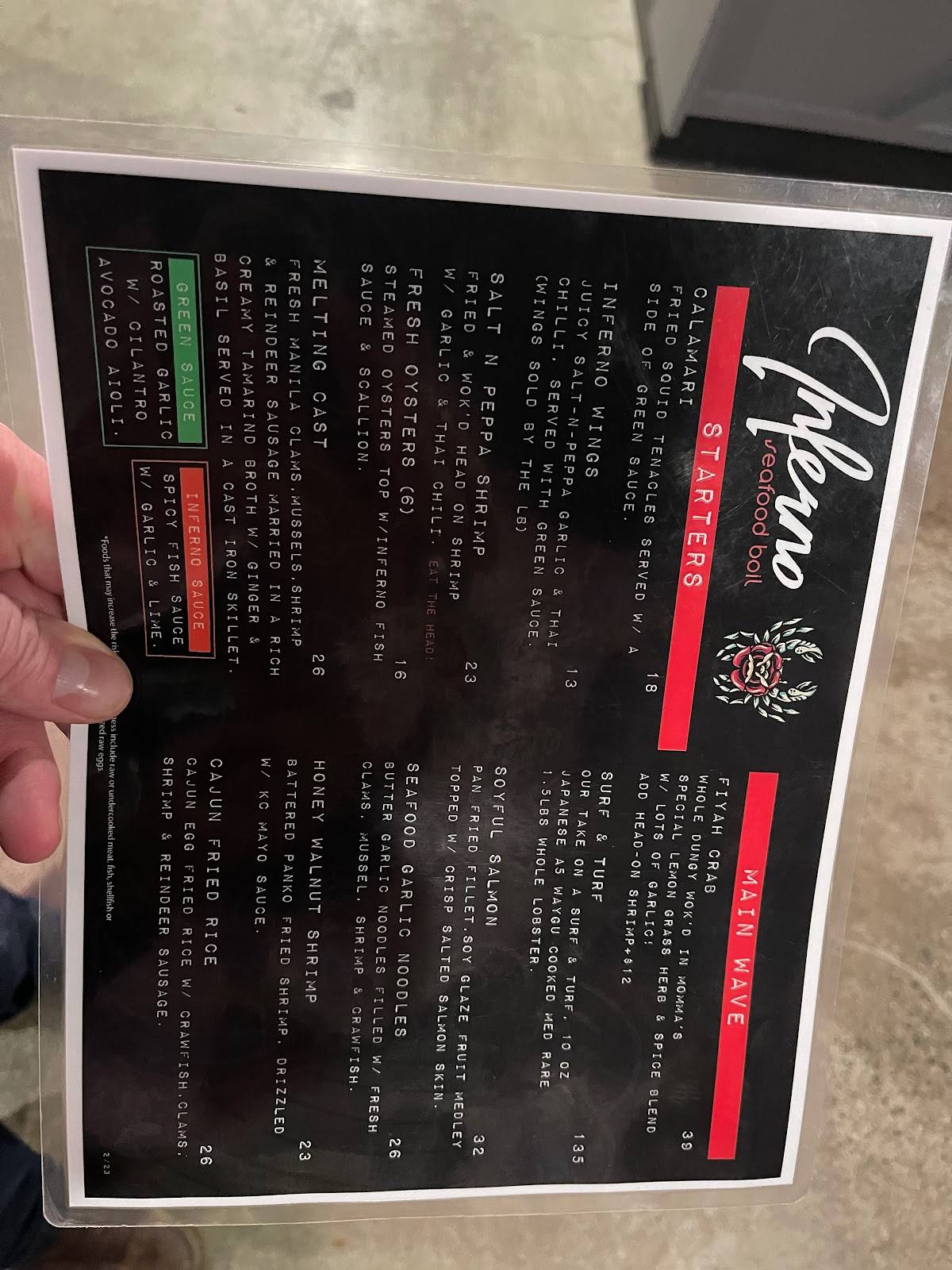 Menu at Inferno Seafood Boil restaurant, Anchorage