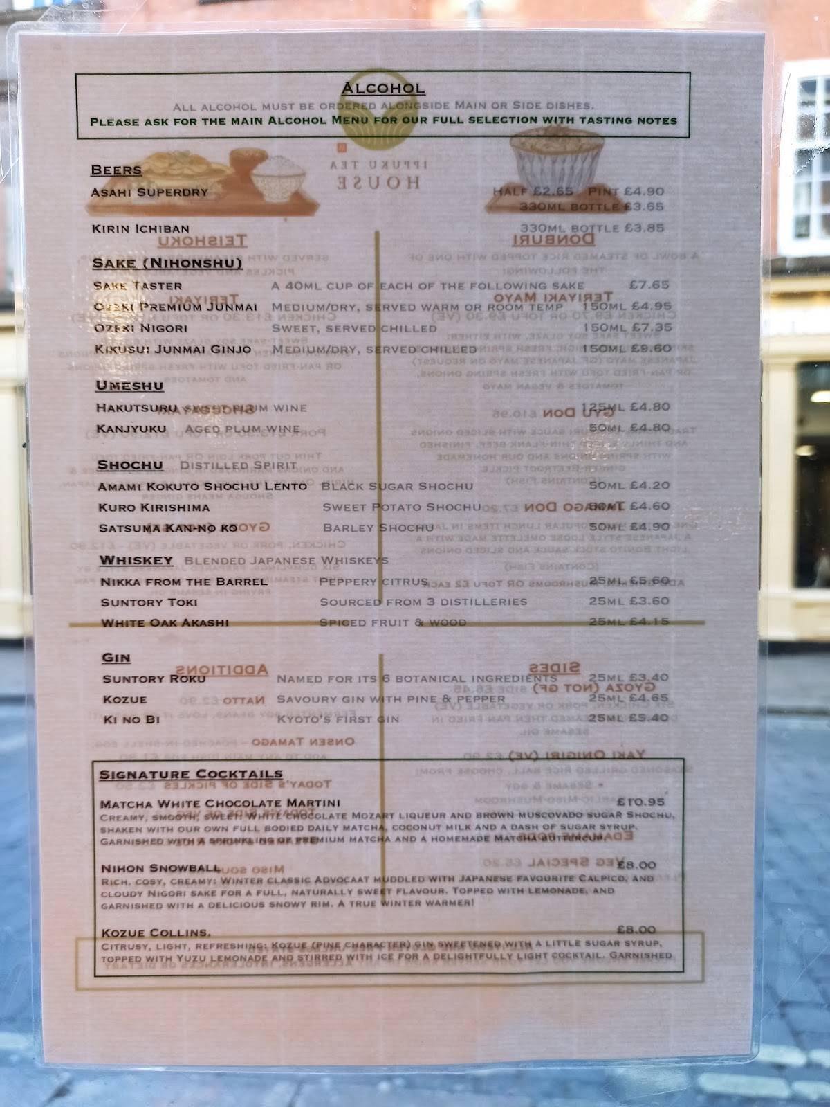 Menu at Ippuku Tea House cafe, York