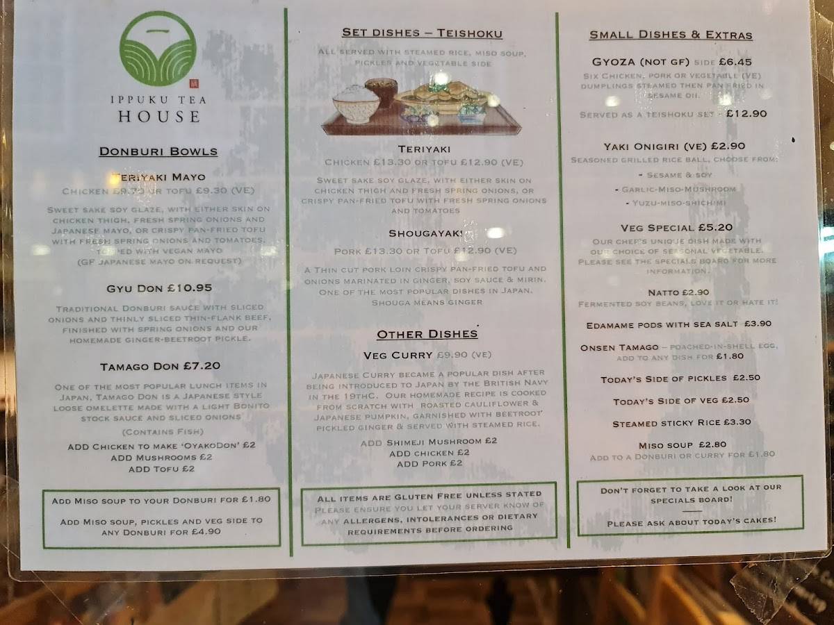 Menu at Ippuku Tea House cafe, York