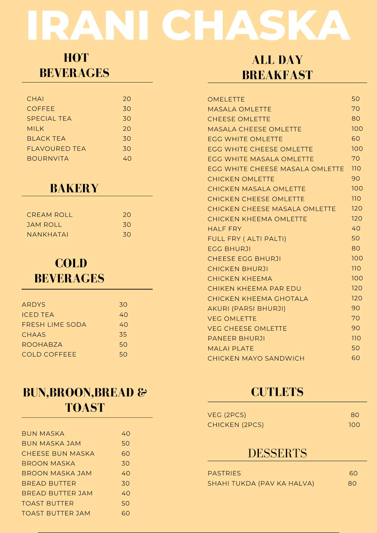 Menu at Irani Chaska, Pune