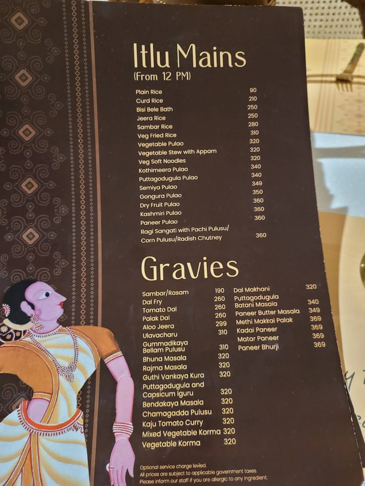 Menu at Itlu, Hyderabad
