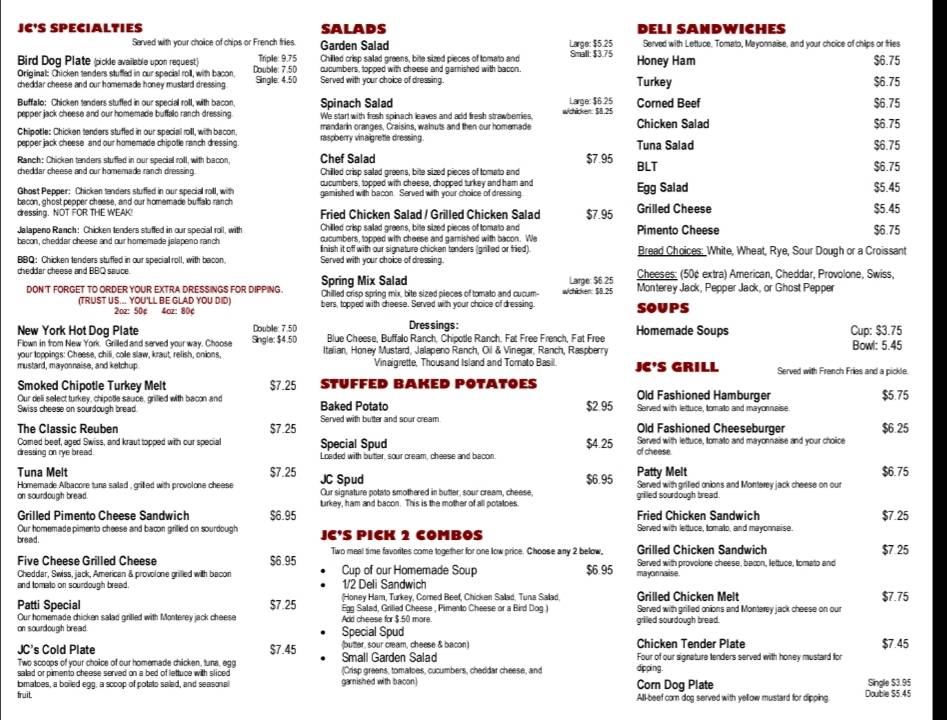 Menu at J C's Sandwich Shoppe restaurant, Anderson
