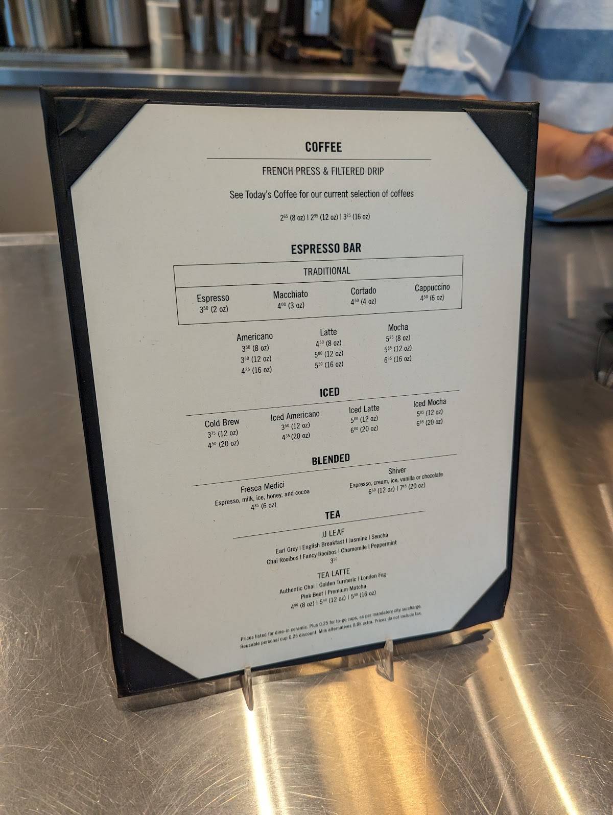 Menu at JJ Bean Coffee Roasters cafe, Burnaby, Hastings St