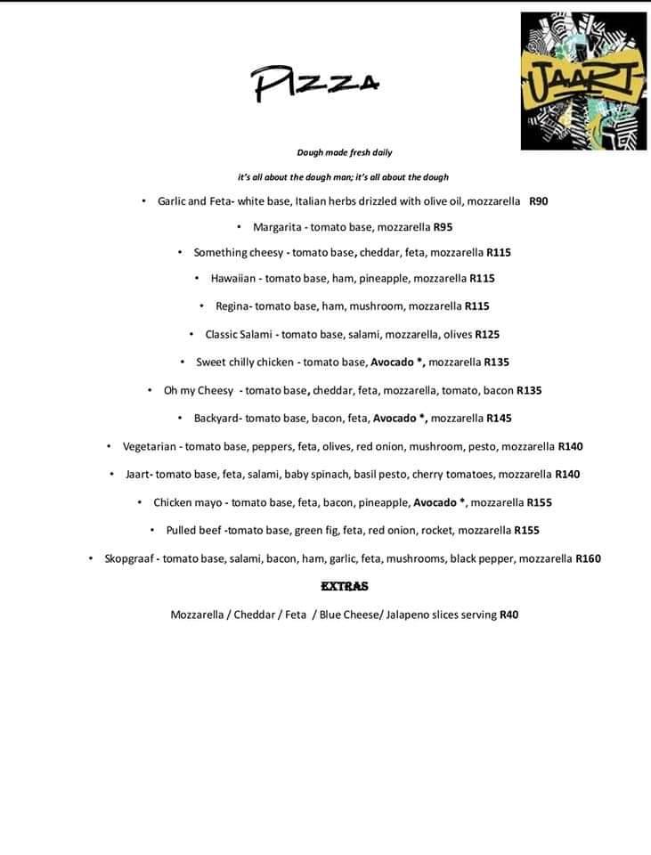 Menu at Jaart restaurant, Wellington