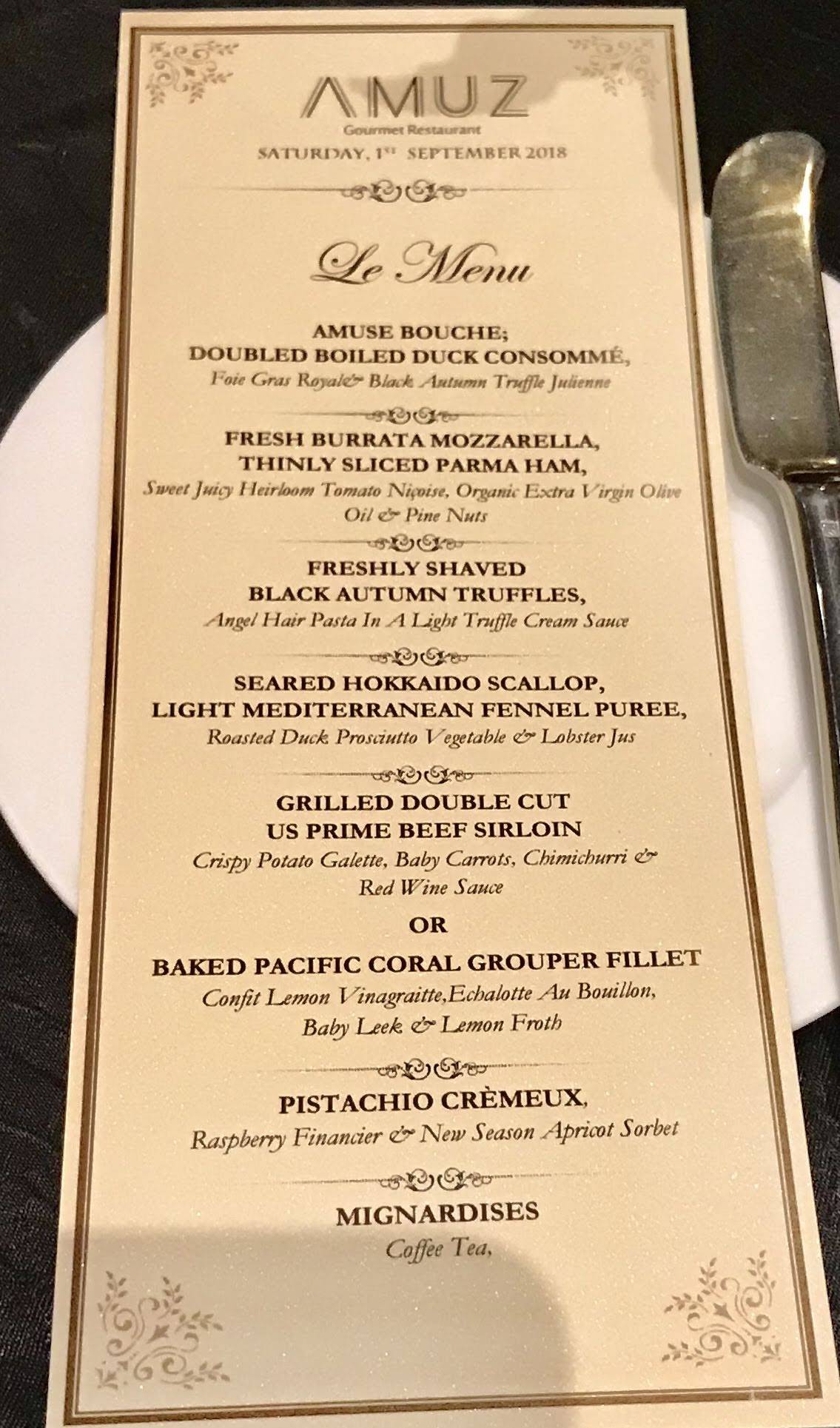 Menu at AMUZ Gourmet Restaurant, Jakarta