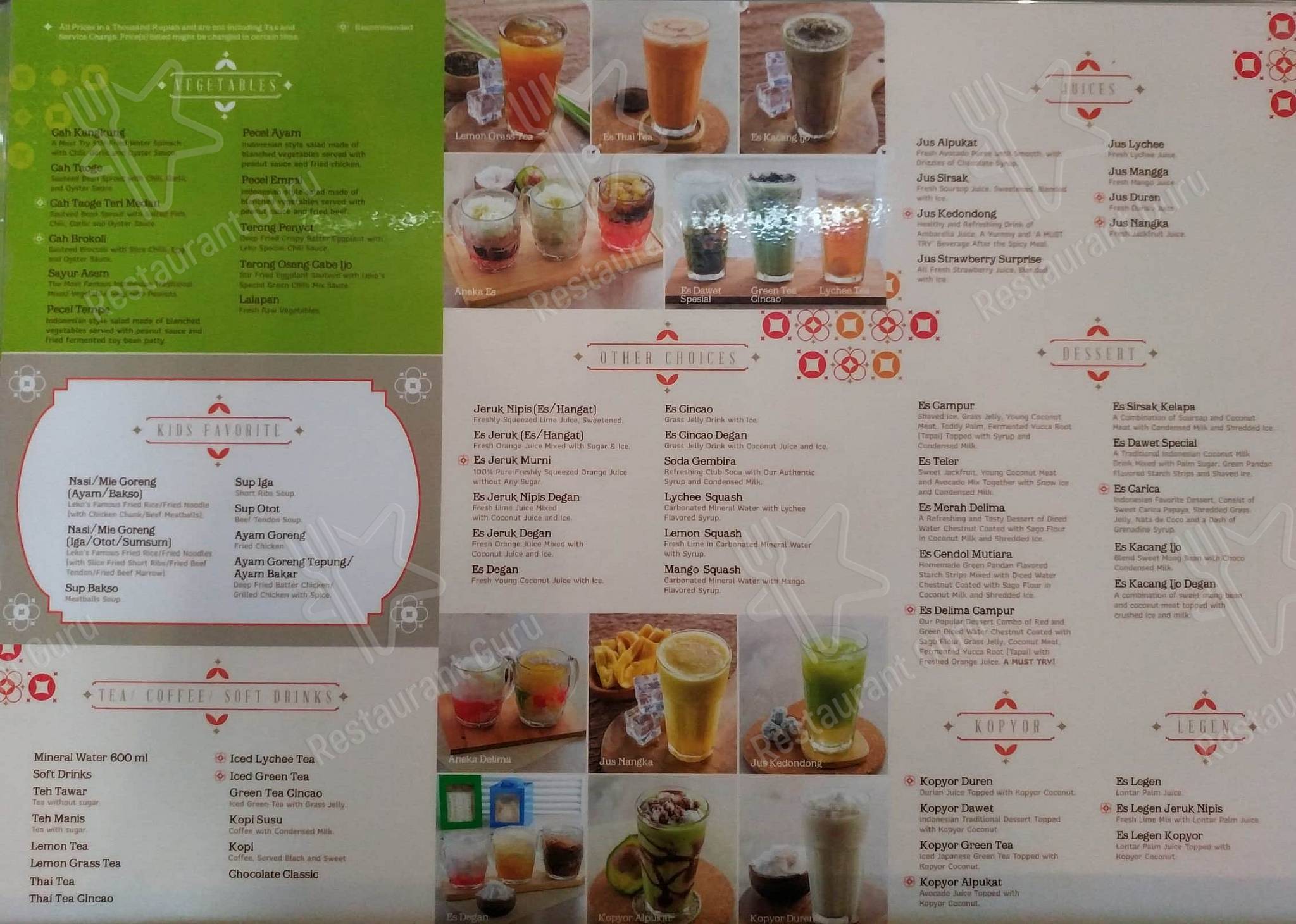 Menu at Warung Leko restaurant, South Jakarta, Jl. TB Simatupang No.1